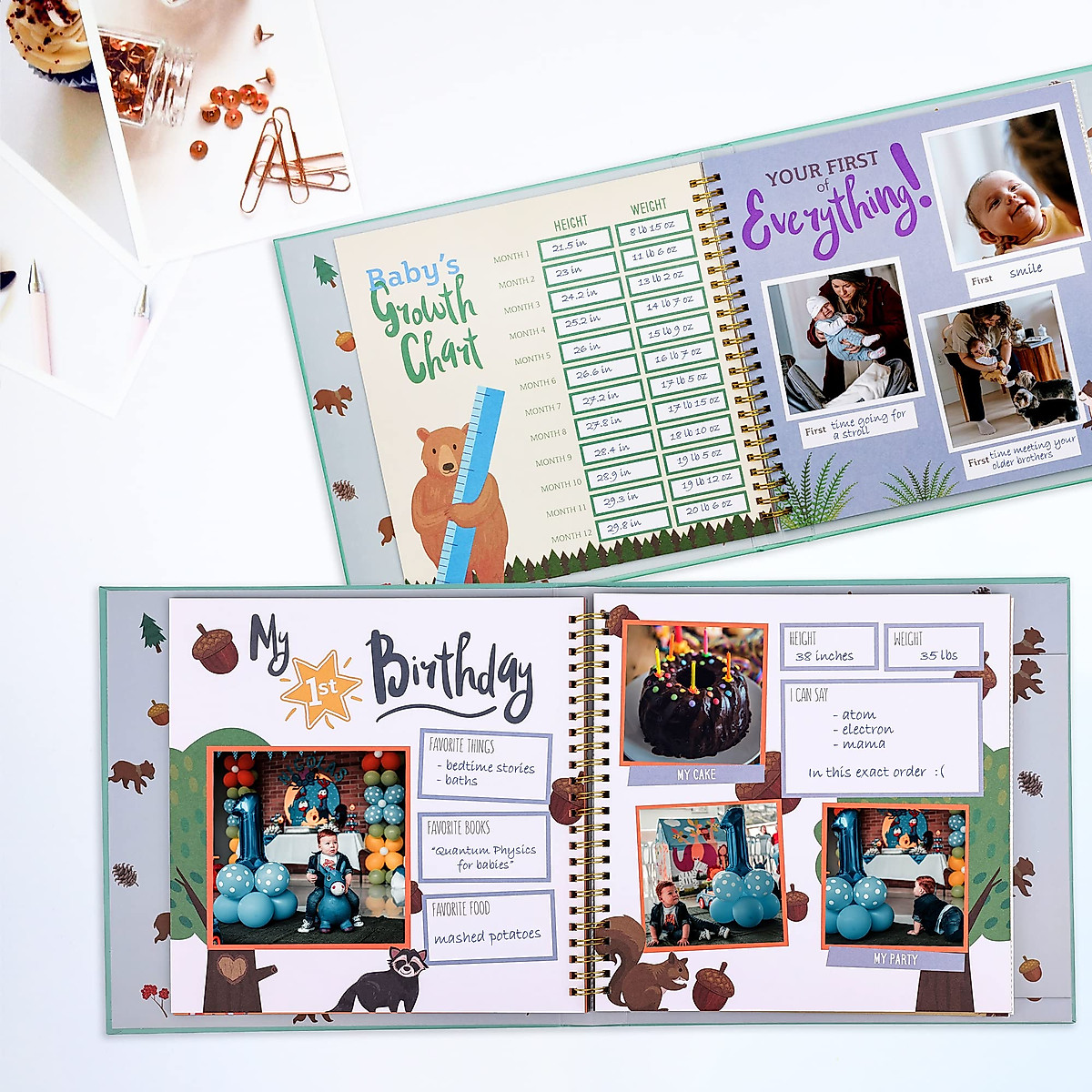 RubyRoo Baby Memory Book with Milestone Stickers - First 5 Years Photo Album Scrapbook for Baby Boy or Girl - Pregnancy Gift for Baby Shower, Gender Neutral Keepsake Newborn Record Book - Woodland