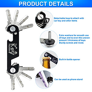 2PCS Key Organizer Keychain, Compact Key Holder Keyring, Smart & Light-weight Multi-tool Folding Key Chain with Bottle Opener/Phone Stand (Up to 6~10 Keys, Black & Silver)