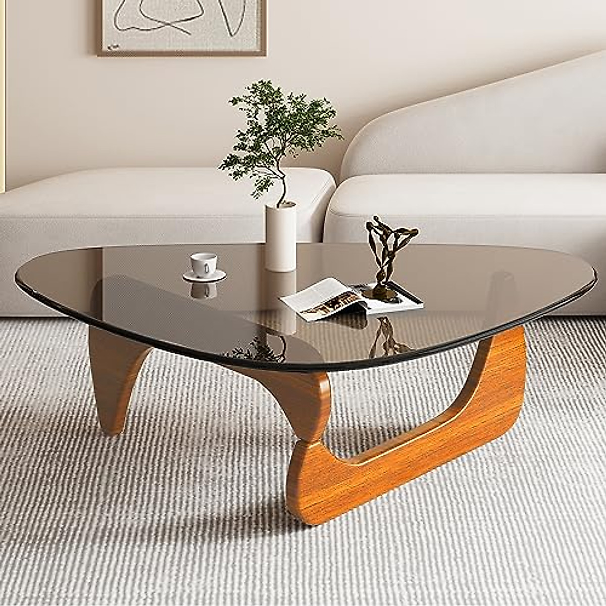 Triangle Glass Coffee Table-Mid-Century Modern End Table Solid Wood Base and Vintage Tempered Transparent Glass Top Coffee Tables Living Room Balcony (Walnut/Brown, Medium 35.8 * 25.5 * 16in)