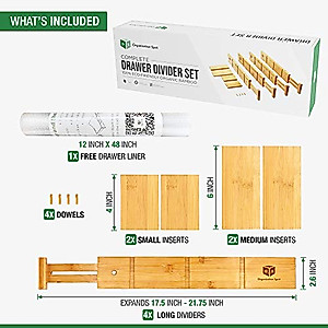 Adjustable Bamboo Drawer Dividers with Inserts and Liner -Spring Loaded Organizer-Expandable Organizers for Kitchen Utensils in Drawers for Deep Large Dresser for Clothes-Wood Draw Divider Separators