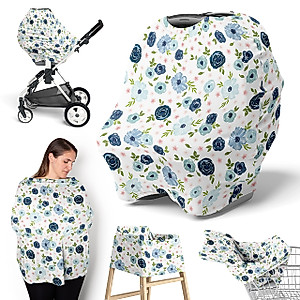 Sweet Jojo Designs Blue Watercolor Floral Girl Infant Baby Car Seat Cover Nursing Breastfeeding Shopping Cart Stroller Canopy - Navy and Blush Pink Boho Bohemian Shabby Chic Rose Flower Farmhouse