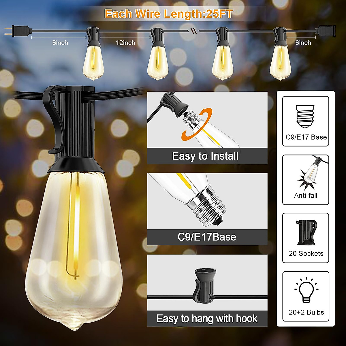 G40 Outdoor String Lights 50FT LED Backyard Lights, Globe Shatterproof String Light, Commercial Hanging Lights for Garden Terrace Decoration Wedding Cafe pergola, Brown Wire