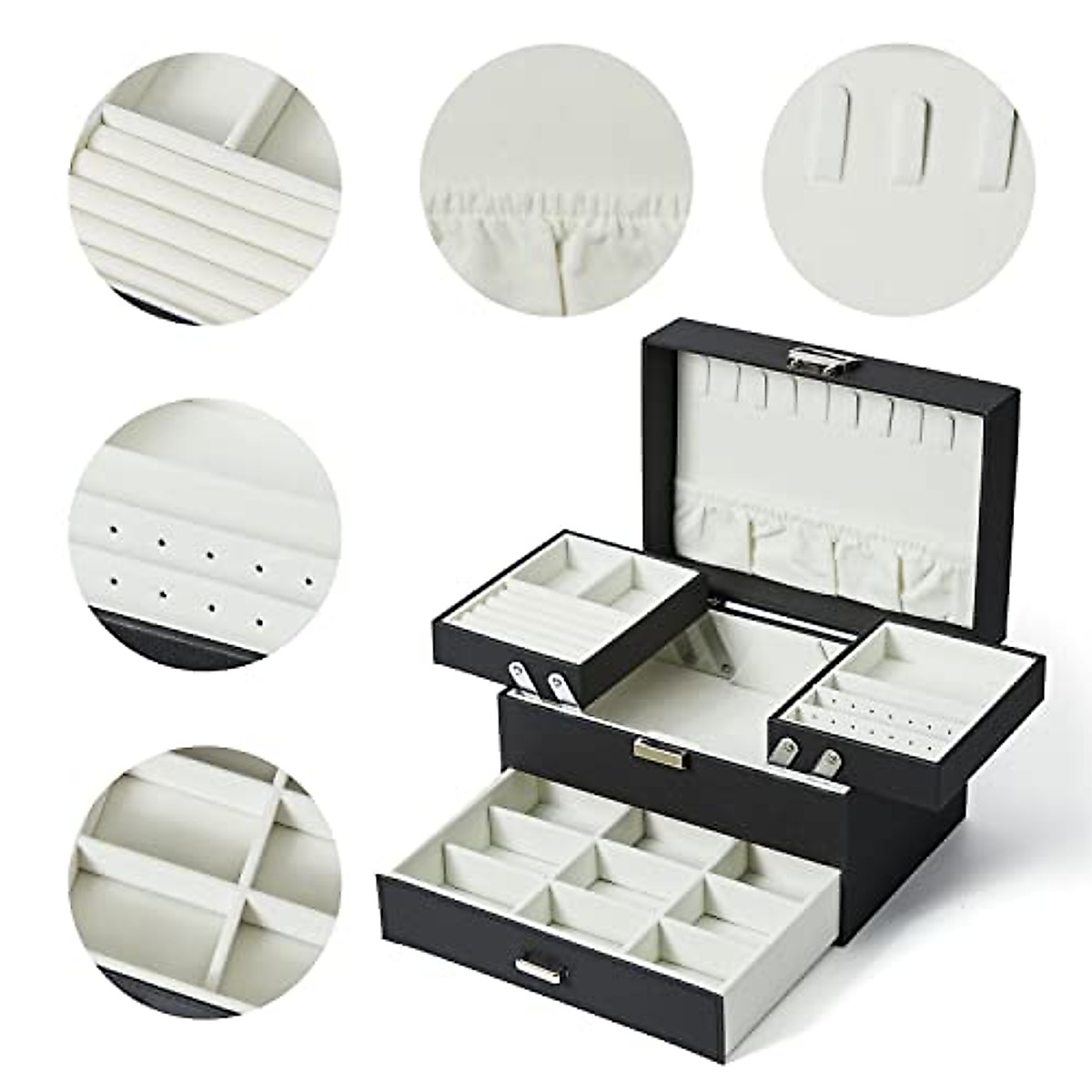 BUTI4WLD 3 Layers Large Jewelry Boxes for Women Girls Wife Ideal Gift, Jewelry Case for Storing Earrings Rings Necklaces Bracelets PU Leather & Soft Velvet Lined, Black