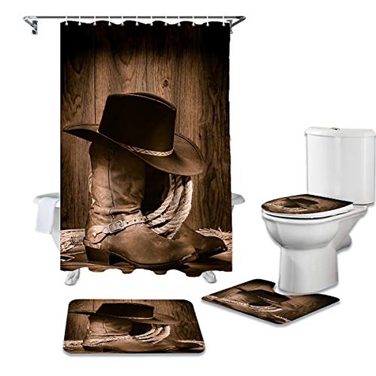 Bathroom Accessory Sets Toilet Lid Cover Sets with Non-Slip Bath Mat Cowboy Hat and Old Ranching Rope On Wooden Display Rodeo Cowboy Style 4pcs Waterproof Shower Curtain 66x72in for Bathroom Toilet