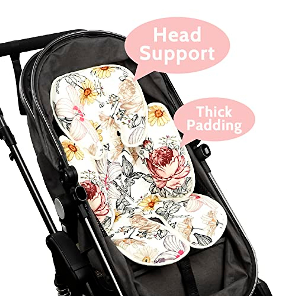Floral Baby Car Seat Head and Body Support,2-in-1 Reversible CarSeat Insert,Soft Cushion for Stroller, Swing, Bouncer, Vintage Flowers