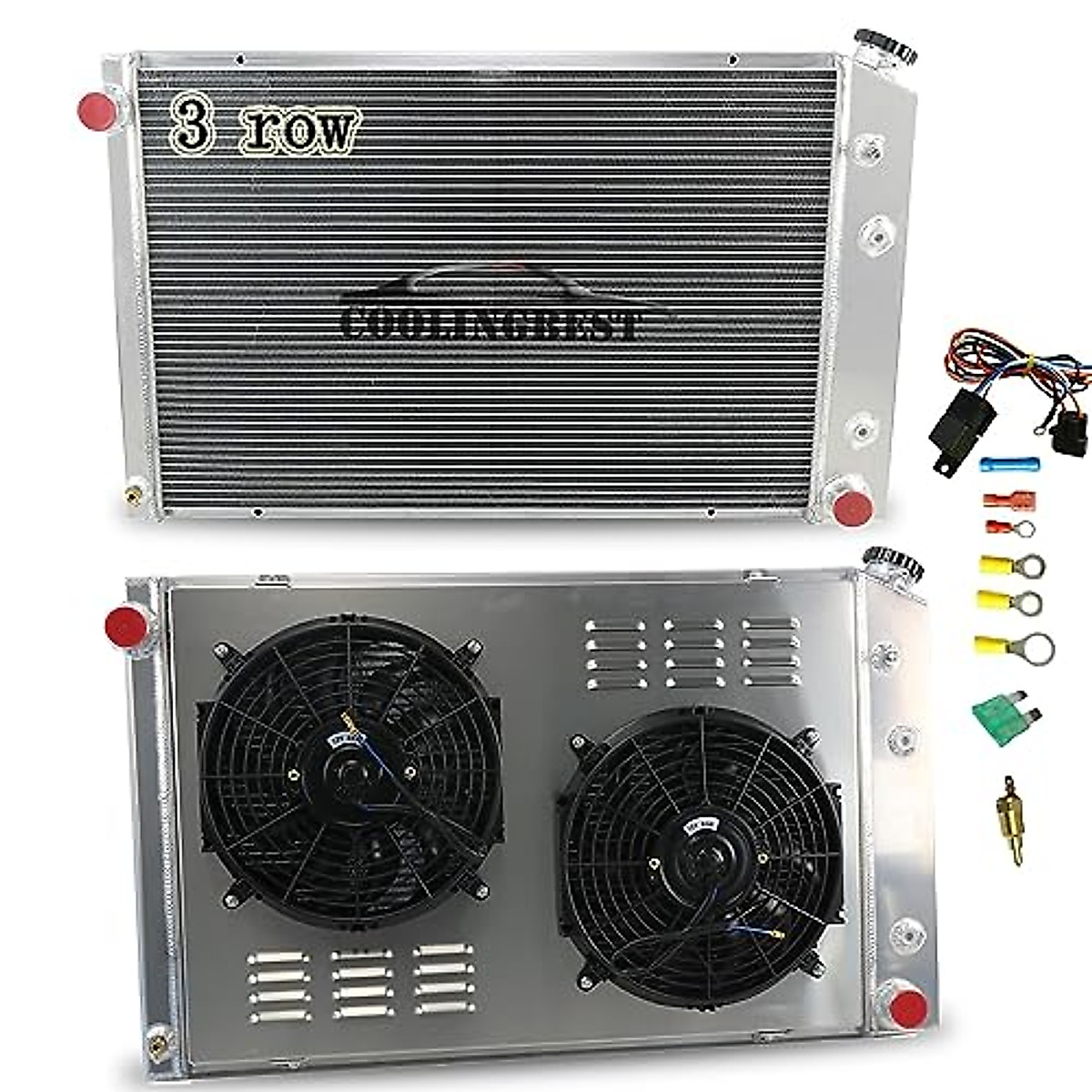 Aluminum Radiators for 1973-1991 Chevy C10 C20 K10 K20 Silverado Scottsdale Truck 5.7 7.4 V8 Pickup K5 Blazer 3 Row Radiator with Electric Fan Shroud Kit Radiador