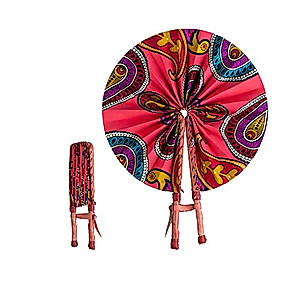 Ghana Handmade Colorful Ankara African Print Handheld Bolga Folding Fan With Leather Handles Handheld African Fabric Folding Fan (Multi 7)