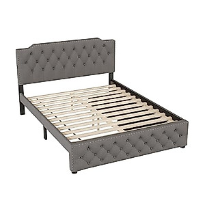 HBRR Queen Size Bed Frame with 2 Drawers and 2 Sets of USB Ports, Upholstered Platform Bed with Button-Tufted Headboard, Wooden Slats Support, No Box Spring Needed, Gray