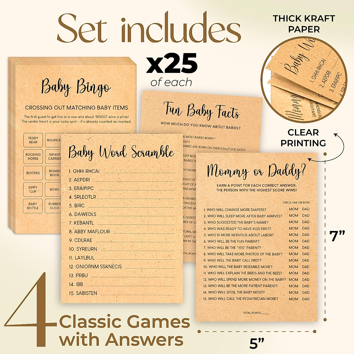 WOODAMORE Bingo Baby Shower Games for Girl - Baby Shower Bingo Cards for Guests, Baby Shower Word Scramble, Mommy or Daddy Baby Shower Game, Funny Boys Baby Shower Activities