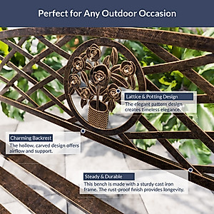 BELLEZE 50 inch Outdoor Garden Bench, Cast Iron Metal Loveseat Chairs for Park, Yard, Porch, Lawn, Balcony, Backyard, Antique Rose Accent Style Patio Seat Furniture, Bronze