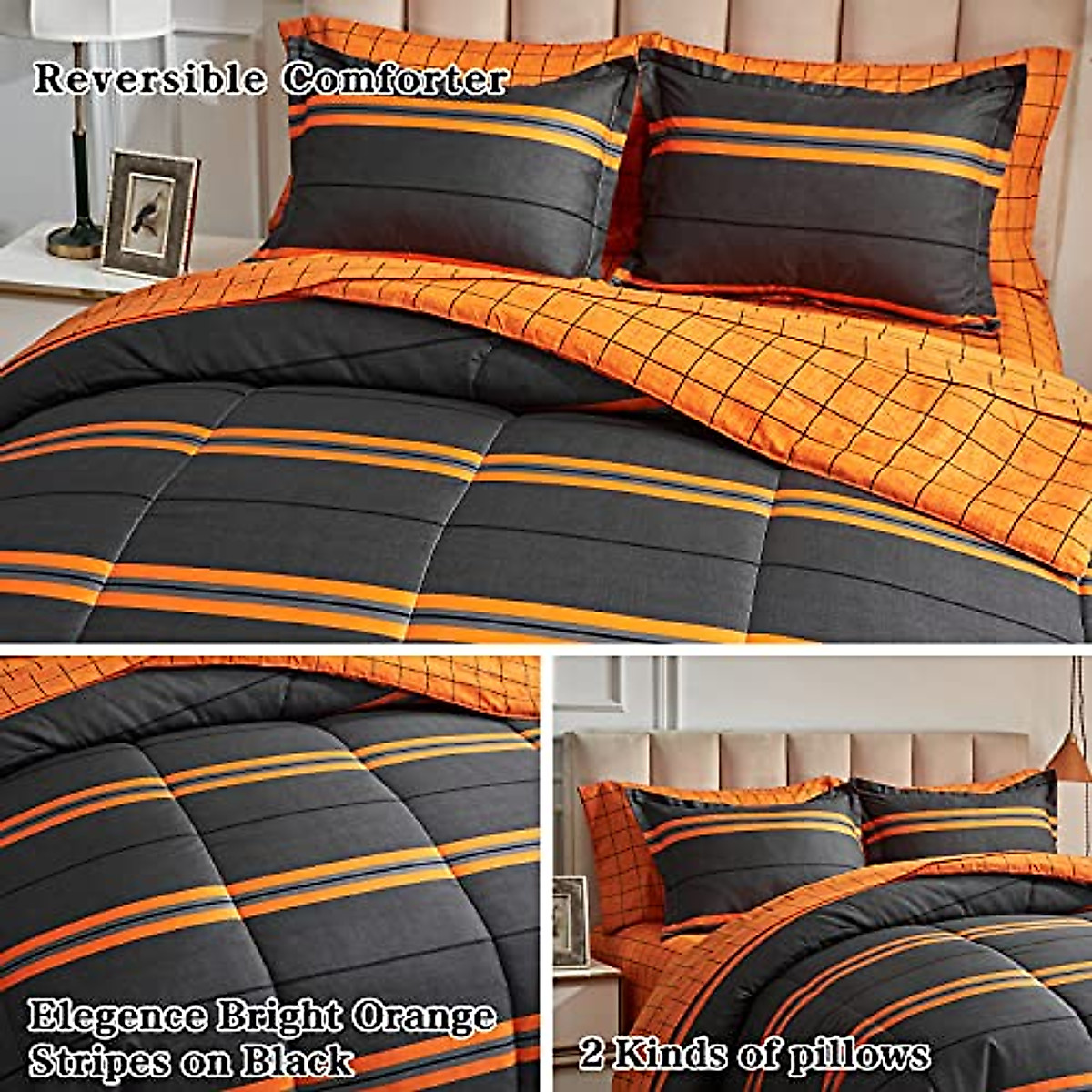 FlySheep Boho Striped Bed in a Bag 6 Pieces Twin Size, Ombre Bright Orange Stripes on Black Comforter Sheet Set (1 Comforter, 1 Flat Sheet, 1 Fitted Sheet, 2 Pillow Shams, 1 Pillowcase)