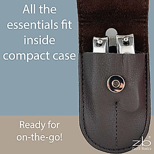 Nail Clippers by Zizzili Basics - 3 Piece Nail Clipper Set - Stainless Steel Fingernail & Toenail Clippers with Nail File and Brown Travel Case - Best Nail Care for Men, Women, Manicure & Pedicure