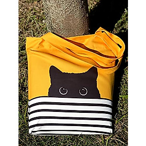 Cute Canvas Tote Bag for Women with Cat Design - Birthday Valentines Day Gift - Aesthetic Book Tote for Teacher School Kids - Hello Kitty Tote Bag - Large Reusable for Shopping Grocery (Yellow Cat)