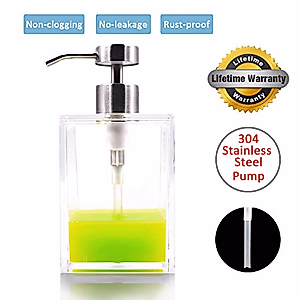 HONJAN Clear Acrylic Soap Dispenser, 13.5 oz Square Lucite Soap Dispenser with Pump (Brushed Nickel) Refillable Hand Soap Liquid Soap Dish Soap