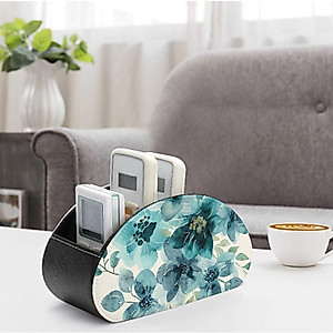 JTKLQBN Remote Control Storage Box, Cute Cyan And Blue Printed PU Leather Organizer Remote Control Holder with 5 Compartments Makeup Brush Storage Box for Bedroom Office