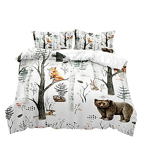 VIVIHOME 3PCS Cartoon Woodland Forest Animal Duvet Cover Full, White Bedding, Baby Boys Girls Kids Bedding, Bear Deer Fox Wolf Rabbit Wildlife Rustic Cabin Lodge Quilt Comforter Cover, 2 Pillowcases
