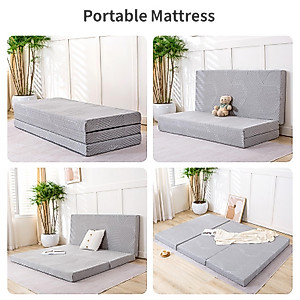 MUUEGM Folding Mattress, 4 Inch King Tri-fold Memory Foam Mattress, Foldable Mattress with Washable Cover, Trifold Mattress for Yoga/Camping/RV/Guest Beds,CertiPUR-US Certified,Grey