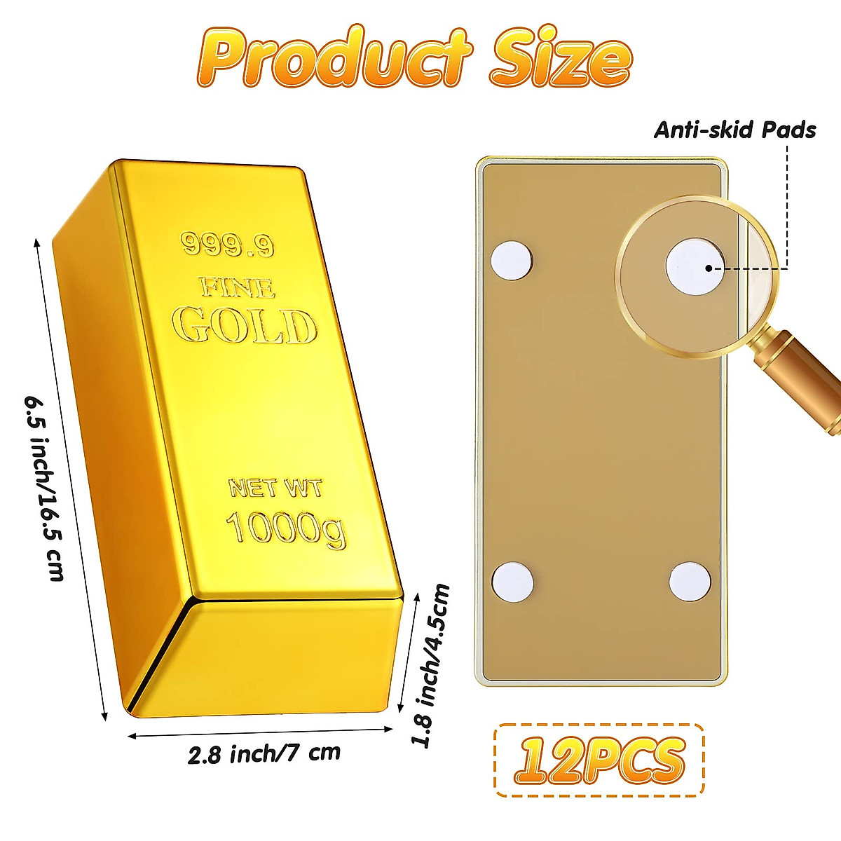 12 Pieces Fake Gold Bar Replica Golden Bullion Glittering Brick Decorative Movie Prop for Stage Decoration Halloween Pirate Party Supplies Funny Gifts (6.5 x 2.9 x 2 Inch)