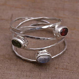 NOVICA Artisan Handmade Multigemstone Ring Unique Sterling Silver from Bali Garnet Peridot Rainbow Moonstone Clear Green Multicolor Red Indonesia Birthstone [ring Front 0.5 in H x 0.8 in W x 0.2 in D]