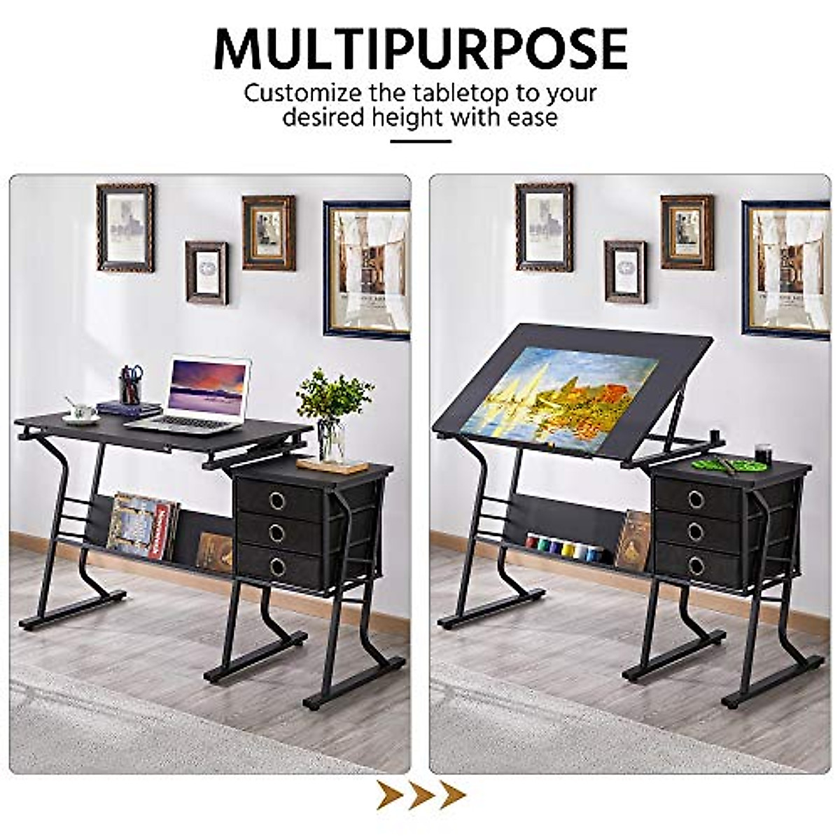 Topeakmart Height Adjustable Drafting Table Art Craft Desk Work Station Hobby Design Studio Tiltable Tabletop Drawing Desk with Stool & Storage Drawers ‎50.5 x 23.6 x 43.7 inches