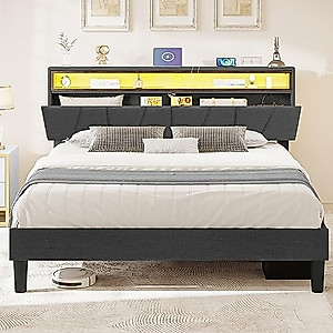 YITAHOME Queen Size Bed Frame, LED Bed Frame with Storage Upholstered Headboard, Platform Bed with Outlet & USB Ports, No Box Spring Needed, Easy Assembly, Grey