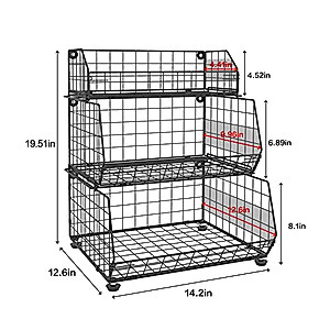 Fruit Vegetable Basket 3-Tier Stackable Fruit Bowl Wall-mounted Countertop Wire Storage Detachable Bin for Potato Onion Tomato Storage Kitchen Organizer Pantry Baskets Cabinet With Adjustable Feet