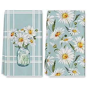 AnyDesign Daisy Flower Spring Kitchen Towel Summer Floral Dishcloths Light Blue Watercolor Reusable Hand Drying Tea Towel for Farmhouse Seasonal Cooking Baking Cleaning, 18 x 28 Inch, 2 Packs