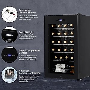 28 Bottle Compressor Wine Cooler Refrigerator w/Lock, Compact Wine Cellar For Red, White, Champagne or Sparkling Wine, Digital Temperature Control,40f-65f Digital Temperature Control,Soft LED Light