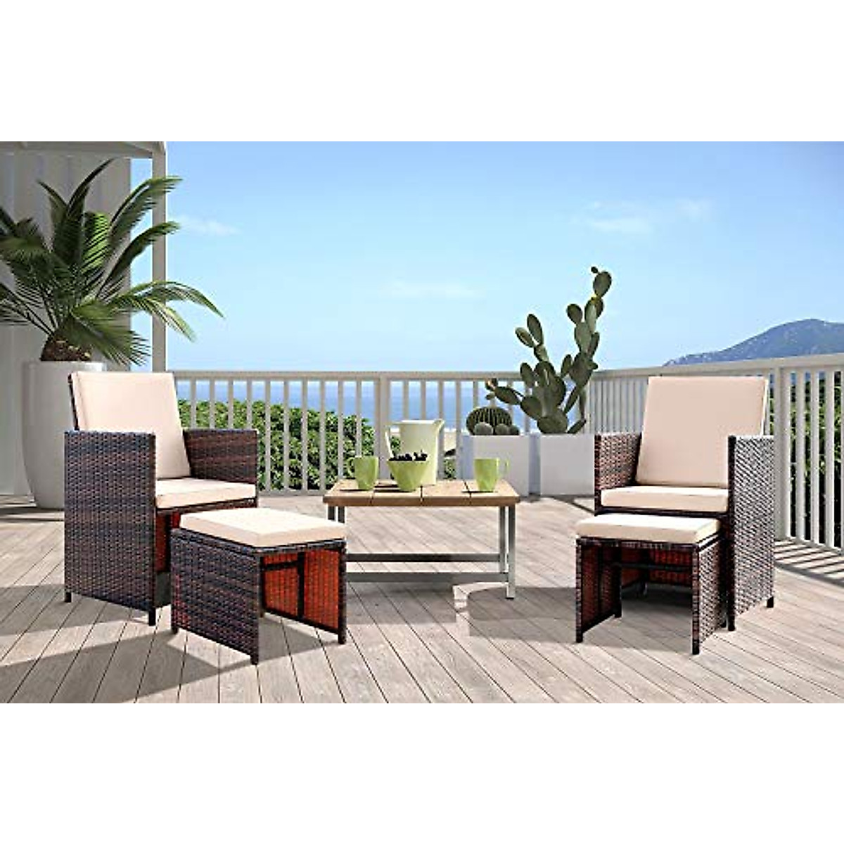KaiMeng 4 Pieces Patio Furniture Space Saving Outdoor Brown Black Wicker Rattan Dining Sofa Chairs Cushioned Balcony Porch Sets with Ottomans (Beige)