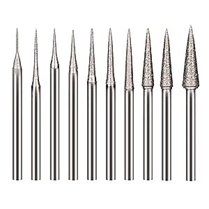10 Pcs Various Sizes Diamond Mounted Grinding Head Burrs Stone Carving Bits for Rotary Tools with 3/32" Shank(D Type Spiked Shape)