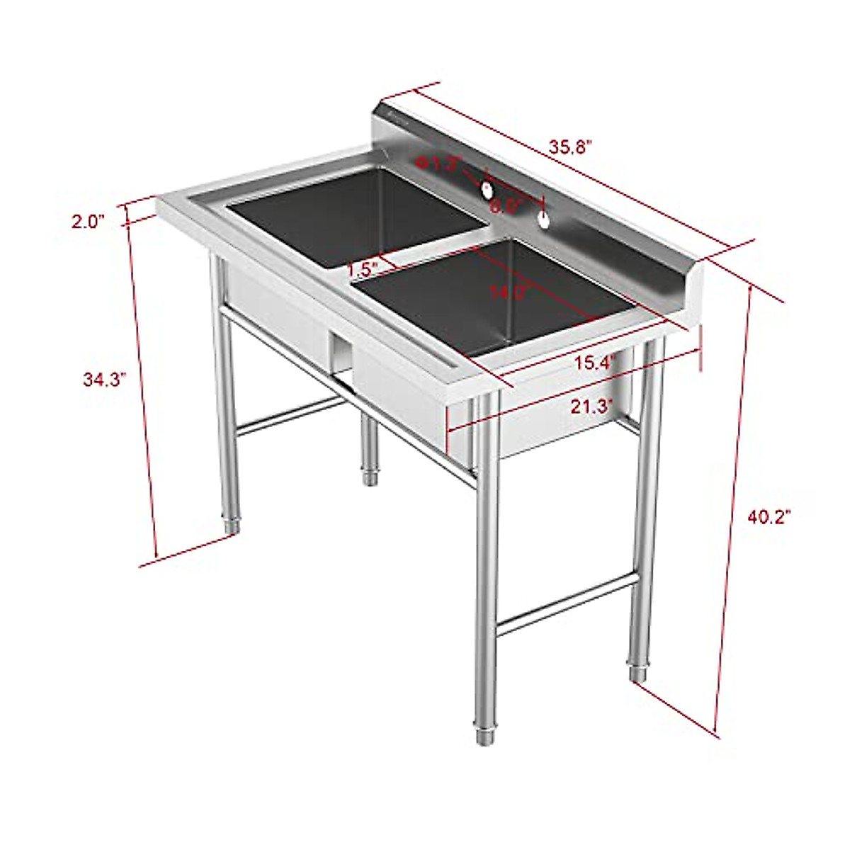 Bonnlo Commercial 304 Stainless Steel Sink 2 Compartment Free Standing Utility Sink for Garage, Restaurant, Kitchen, Laundry Room, Outdoor, 35.8" W x 21.3" D x 40" H