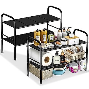 POJORY 2 Piece Expandable Height/Length Under Sink Organizers and Storage, 2 Tier Cabinet Shelf Organizer with 8 Detachable Panels for Under Kitchen Bathroom Sink Organizers and Storage,Black