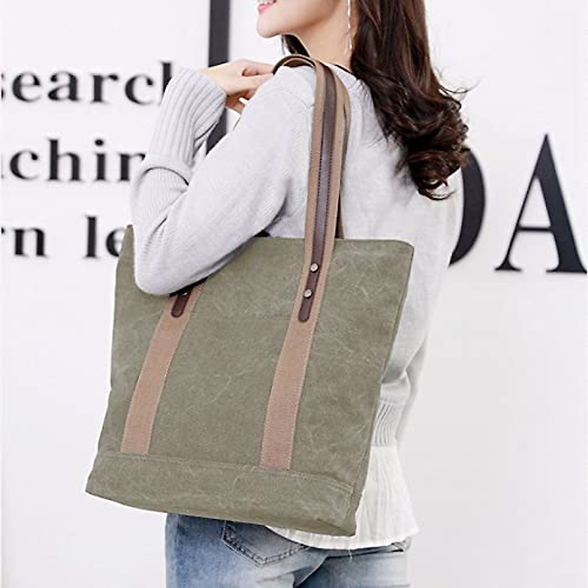 Women's Canvas Handbags Shoulder Bags Men Retro Casual Tote Work Purses (Army Green)