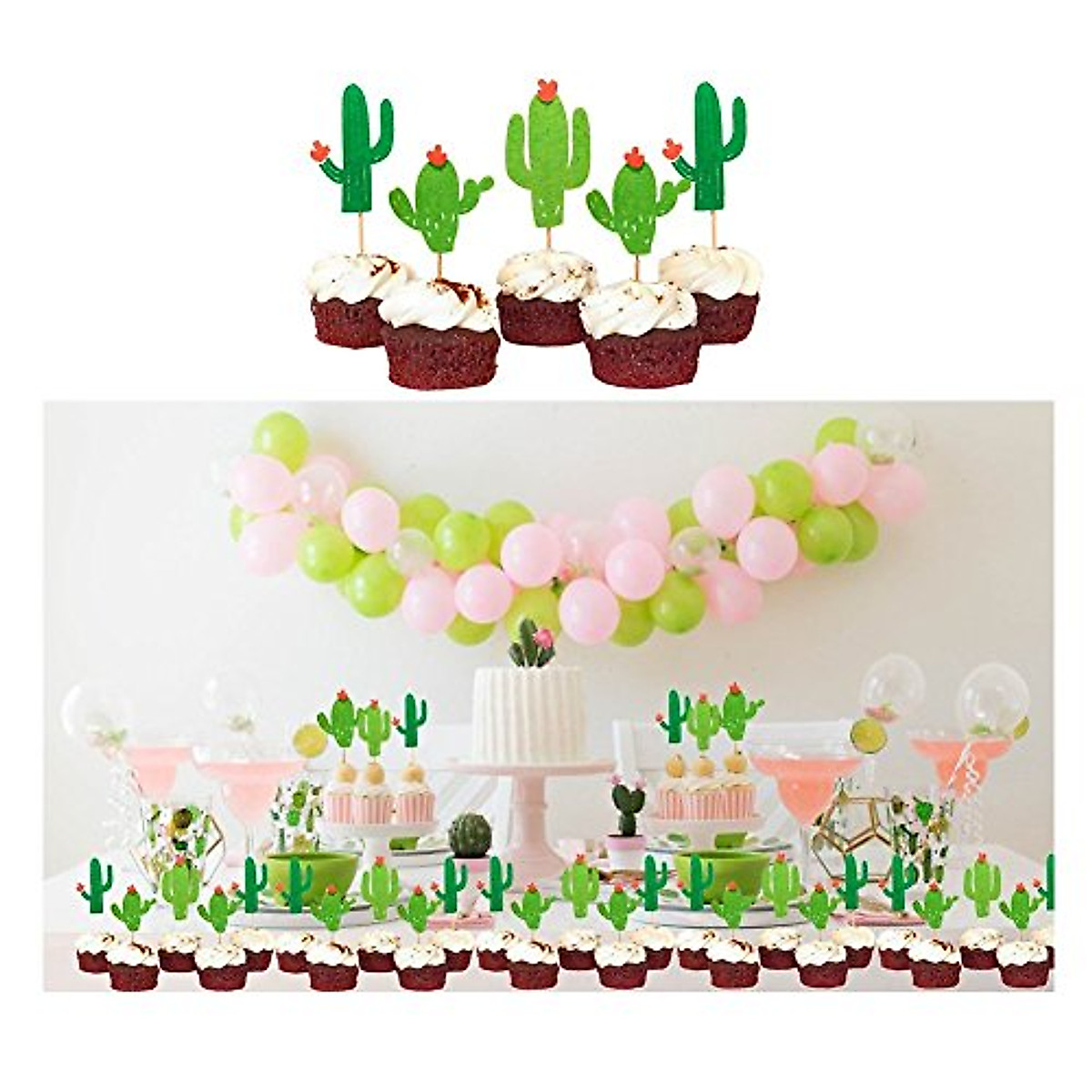 TianJi 24 Cactus Cupcake Toppers Picks Sticks Happy Birthday Cake Decorations for Luau Hawaiian Summer Beach Party Supplies