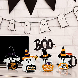 4 Pieces Halloween Ghost Decor Wooden Ghost Theme Table Centerpieces Cute Ghost Decor Trick or Treat Candy Sign Blocks for Home Shelf Party