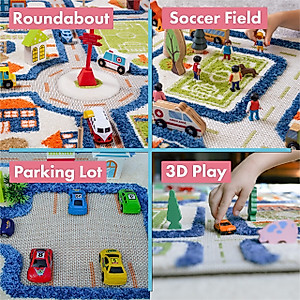 IVI Thick 3D Childrens Play Mat & Rug in A Colorful Town Design for Kids with Soccer Field, Car Park & Roads, Blue, 32 x 45 inches