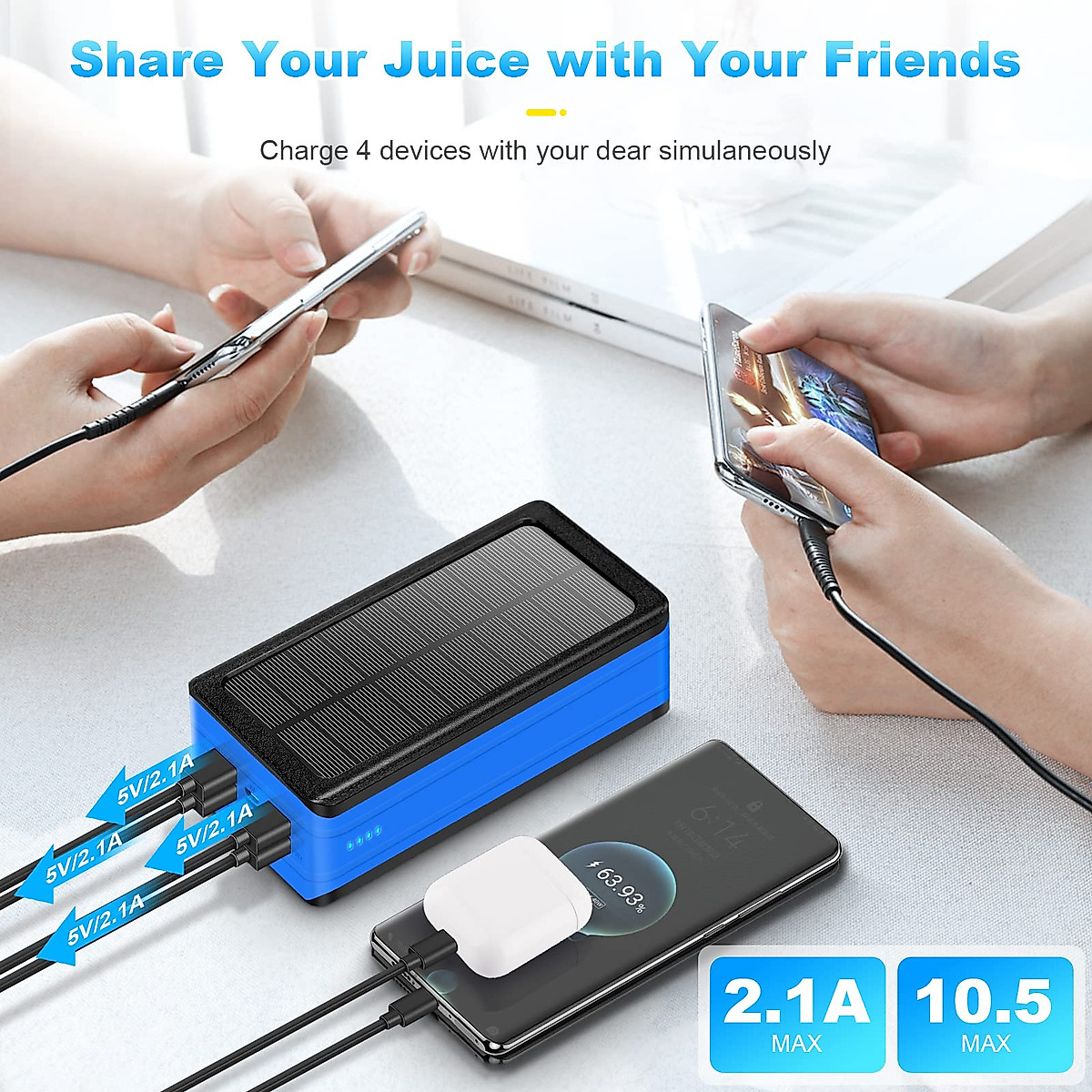 AEECESTORE Solar Charger Power Bank 60000mAh, Portable Solar Battery Charger with 32 LED Lights, External Battery Pack Compatible with iPhone, Cell Phone,Tablet for Camping, Emergency (Blue)