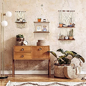 ANROYE 1 TierAND 2 Tier Macrame Boho Wall Hanging Shelf, Handmade Bohemian Wooden Woven Plants Floating Shelves Decor, Mini Chic Rope Crystal Holder Organizer