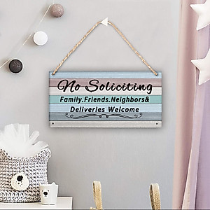 Harooni Funny No Soliciting Sign for House 12 x 6 Inches Welcome Sign for Front Door No Soliciting Family Friends Neighbors & Deliveries Hanging Wooden Sign for Home Porch Yard House Warming