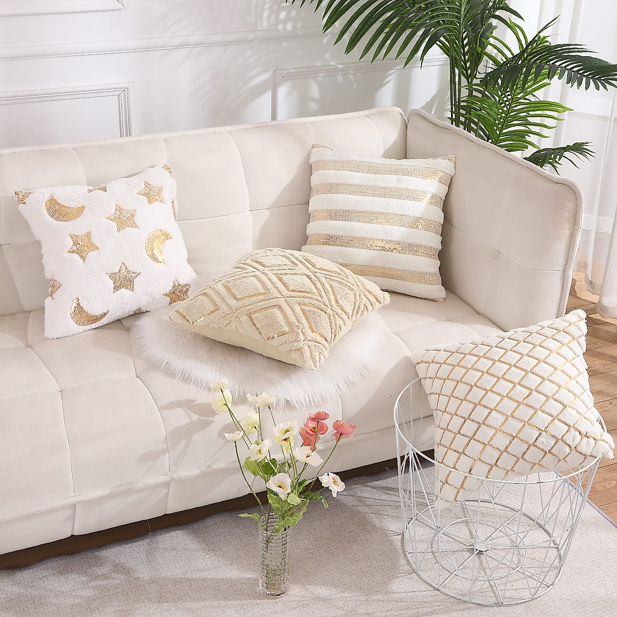 Holibeat White Moon Star Sequins Pillow Covers Fur Cushion Covers 18x18 inch Sequins DecorationThrow Pillow Cases (pack of 2)