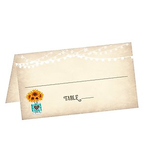 Vintage Sunflowers in Mason Jar Wedding Tented Table Place Cards (50 Count) - Fold Over Tent Style - Wedding Reception, Bridal Shower, Anniversary Party, Banquet Dinner Place Seating Cards