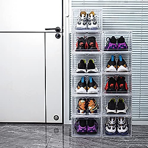 Drop Front Shoe Storage Box, Set of 6 Shoe Boxes Clear Plastic Stackable with Acrylic Lids, Shoe Organizer Containers for Closet, Shoe Case for Display Sneakers, Fit up to US Size 12 (XL, Clear)