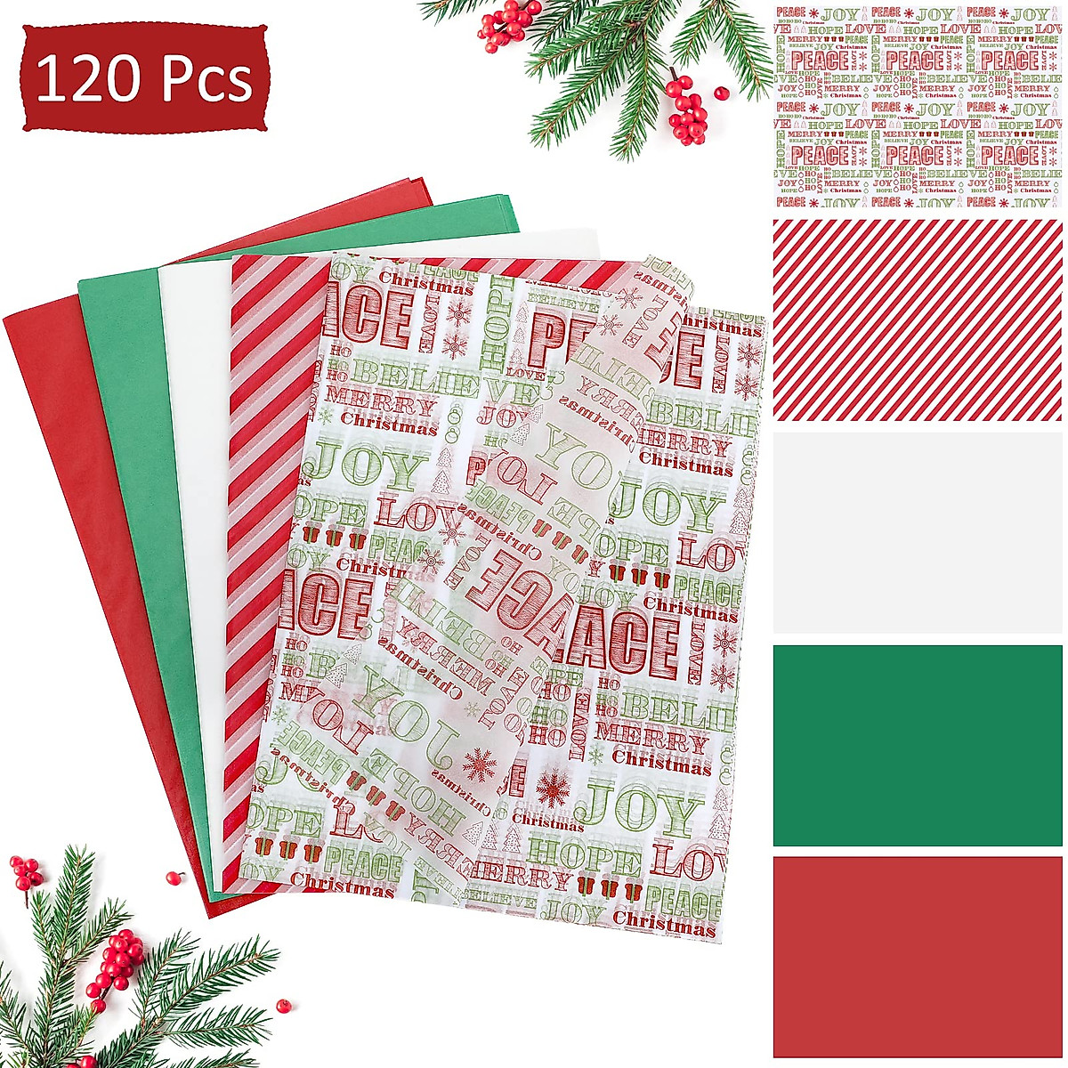 LOADSFUN Christmas Tissue Paper Bulk, 120 Sheets Christmas Tissue Paper for Gift Bags Assorted Design Gift Wrapping Paper, Red Green White Tissue Paper for Xmas Decor Holiday Crafts (Letters)