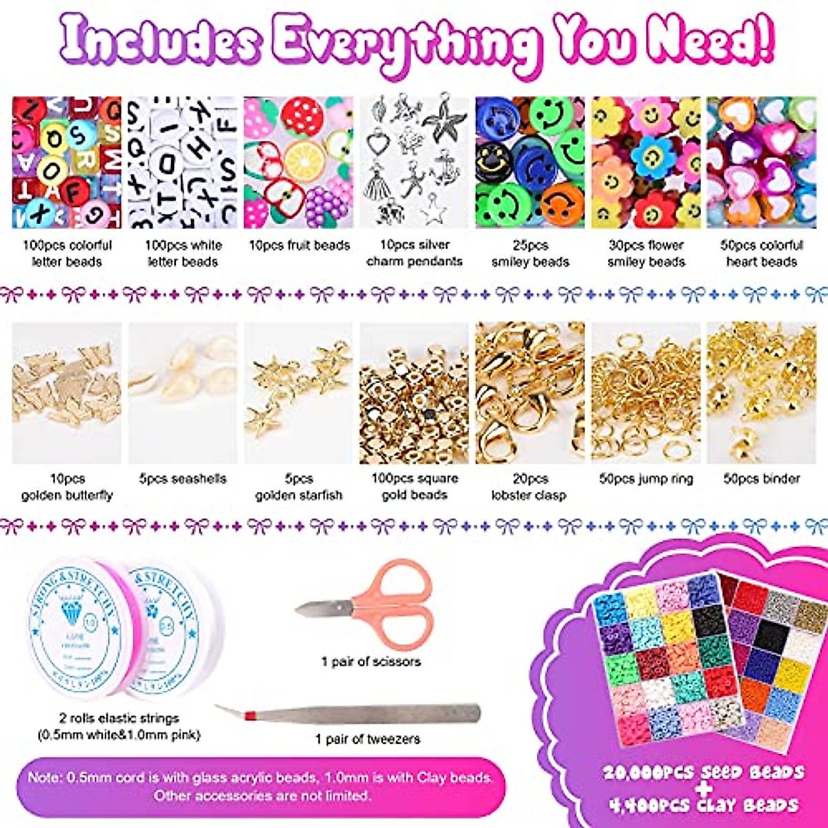 25,000pcs Glass Beads Clay Beads for Jewelry Making Kit, Preppy Bracelet Flat Beads with Smiley Face Bead Letter Beads Charms Pendants, Heishi Beading Supplies for Girls Handmade Gift