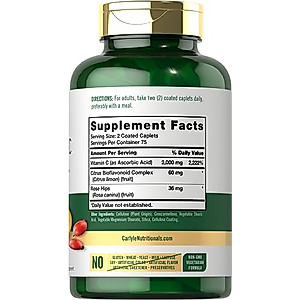 Vitamin C 2000mg | with Rose Hips | 150 Caplets | Vegetarian, Non-GMO, Gluten Free Supplement | by Carlyle