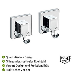 Wenko "Quadro" Wall Hooks with Vacuum-Loc, Silver, 2-Piece