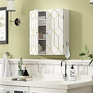 AZODY Bathroom Cabinet with Gold Trim, Wall-Mounted Bathroom Cabinet Storage Cabinet with Adjustable Shelves and Side Hooks, Space Saver Medicine Cabinet for Livingroom, Laundry, Frameless White