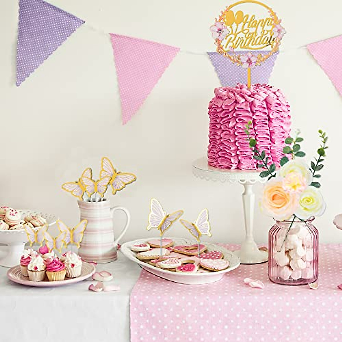 28pcs Flower Cake Topper 3D Butterfly Acrylic Happy Birthday Cake Toppers Artificial Carnation Rose Flowers Eucalyptus Leaves Cake Decorations for Birthday Party Wedding Baby Shower Supplies