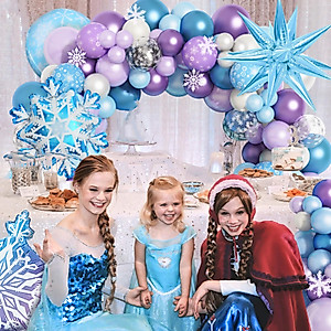 Amandir 162PCS Snow Birthday Party Supplies, Snow Balloon Garland Arch Kit Fringe Curtain Blue Purple Snowflake Foil Balloons Princess Winter Wonderland Girl Baby Froze Party Decorations