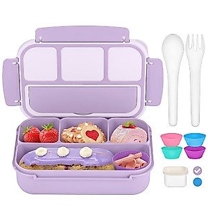 Sunhanny Bento Lunch Box for Adults, Kids Girls Boys Lunch Box, Lunch Containers for Adults Women with 4 Compartments, Sauce Container, Fork and Spoon, Muffin Cups, Purple